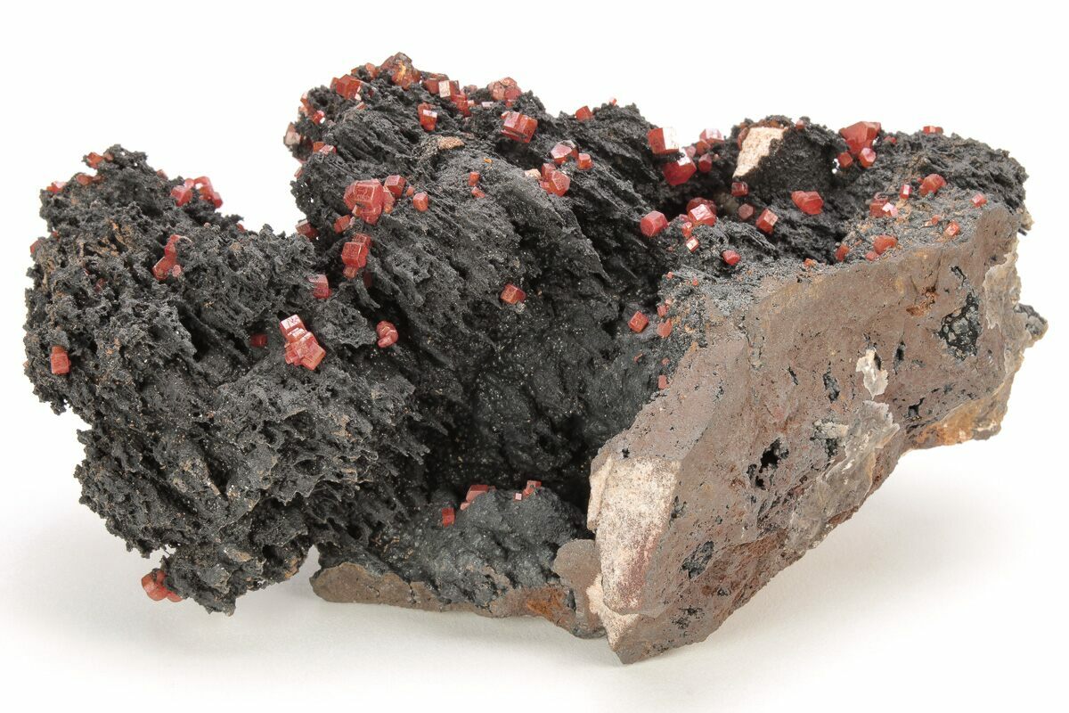 5.1" Small, Red Vanadinite Crystals on Manganese Oxide - Morocco ...