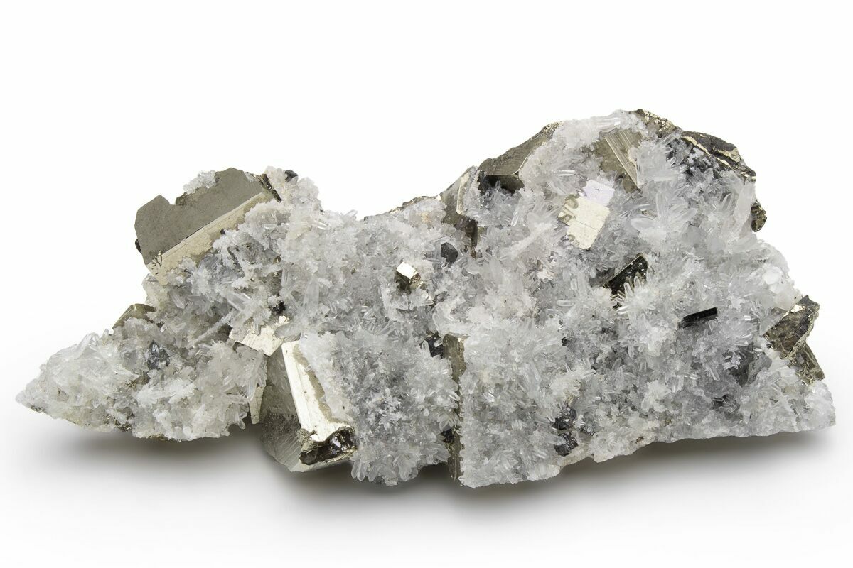 4.9" Gleaming, Cubic Pyrite Crystals with Quartz Crystals - Peru ...